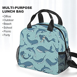 Whales Mermaids Narwhals Lunch Bag, Lunch Box Portable Insulated Lunch Tote Bag, Thermal Cooler Bag for Women Work Outdoor