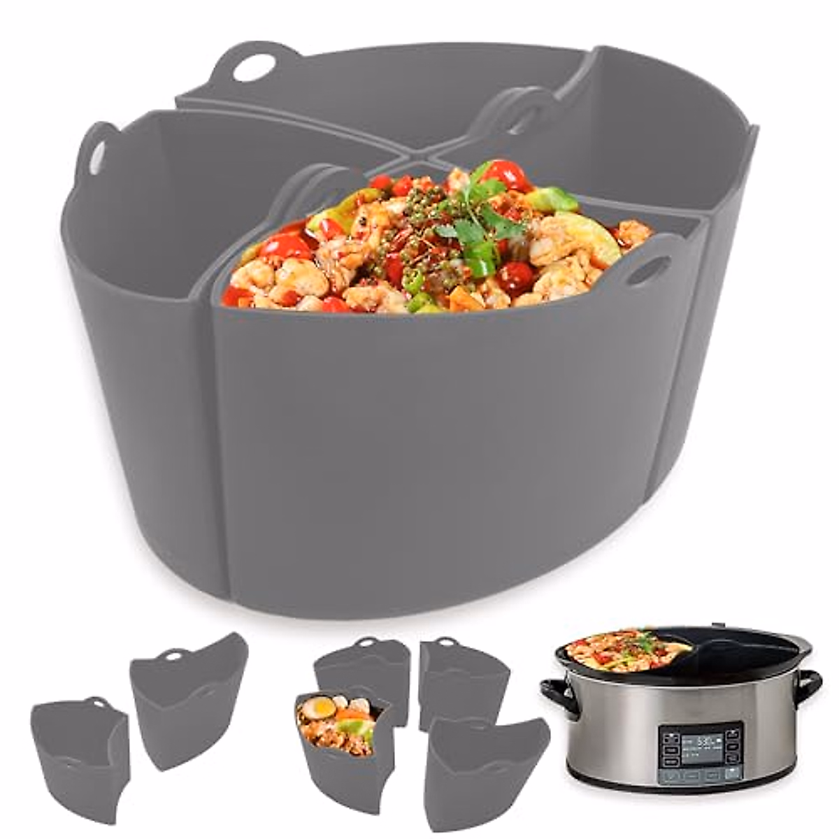 YSF Silicone Slow Cooker Liners, Reusable 4 Divider Inserts, Fits Crock-pot Oval 8 QT 4-in-1 Slow Cooking, Leakproof, Dishwasher Safe, Food-Grade BPA Free, 8 Quart Cook Four Dishes at Once (Gray)