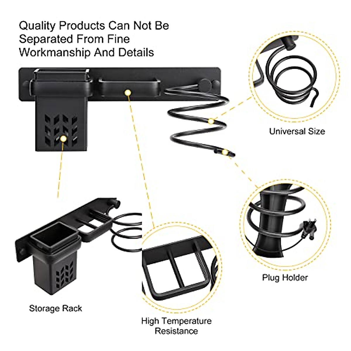 YUET Hair Dryer Holder Hairdryer Station Wall Mounted Spiral Shelf Bracket Stand Hanger Straightener Organizer Blow Storage with Holes Rack For Bathroom Aluminum Professional (Black With Cup)