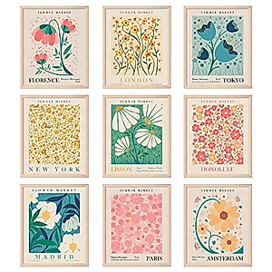 AnyDesign 9Pcs Flower Market Wall Art Prints Matisse Art Poster Decor Unframed Floral Drawing Posters Colorful Floral Room Decor for Gallery Room Aesthetic Living Room Bathroom Decor, 8x10inch