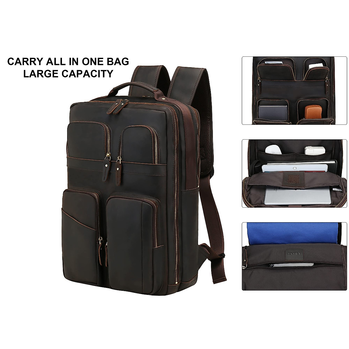 UBANT Leather Backpack For Men,17.3" Laptop Backpack Large Capacity Multi Pockets Casual Travel Business Office Work Bag School Camping Weekend Daypack Outdoor Sports Rucksack