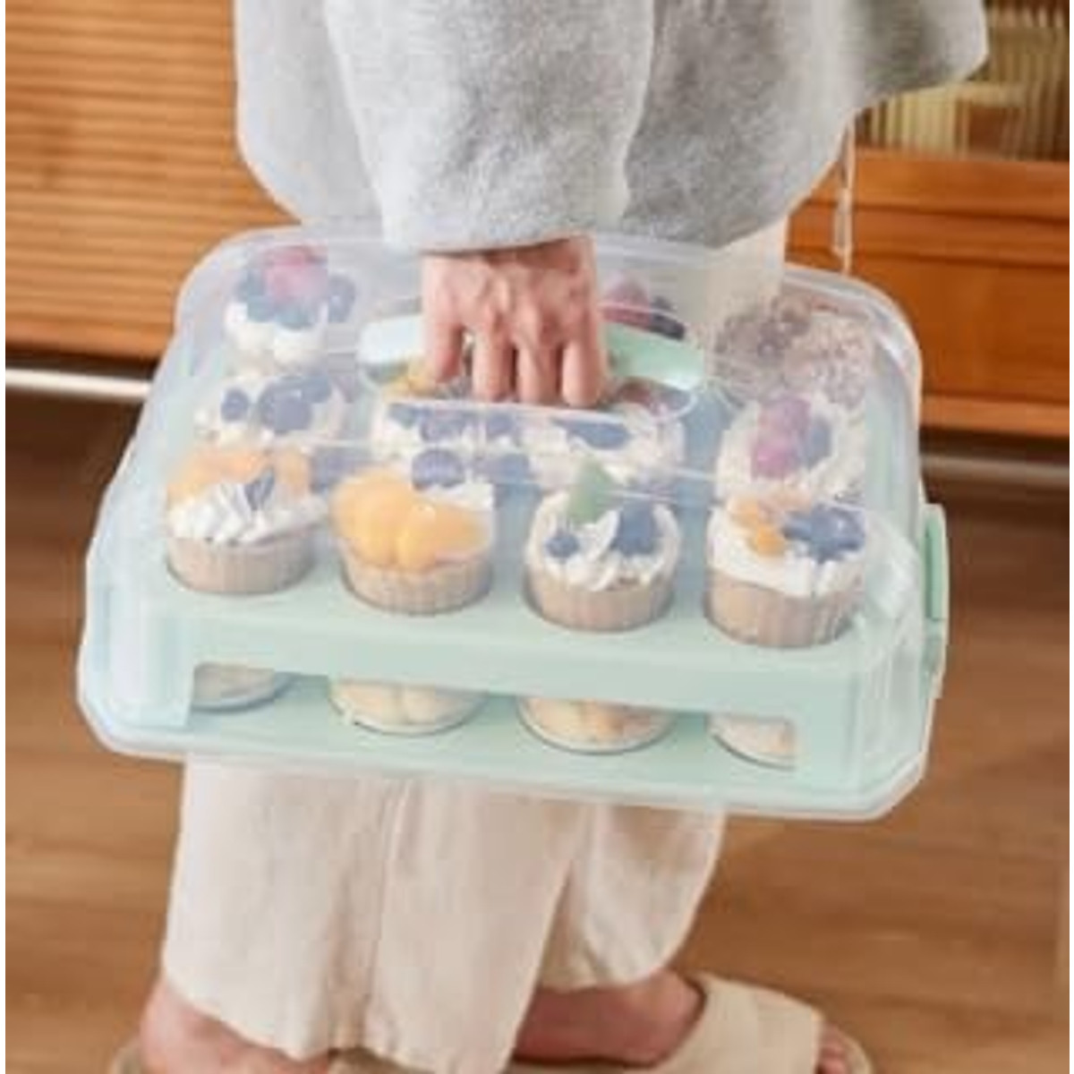 Top Shelf Elements Cupcake Carrier, Fashionable Green Cupcake Holder Carries 24 Standard-Size Cupcakes, Durable Muffin Traveler Two Tier Stand and Reusable Cupcake Box