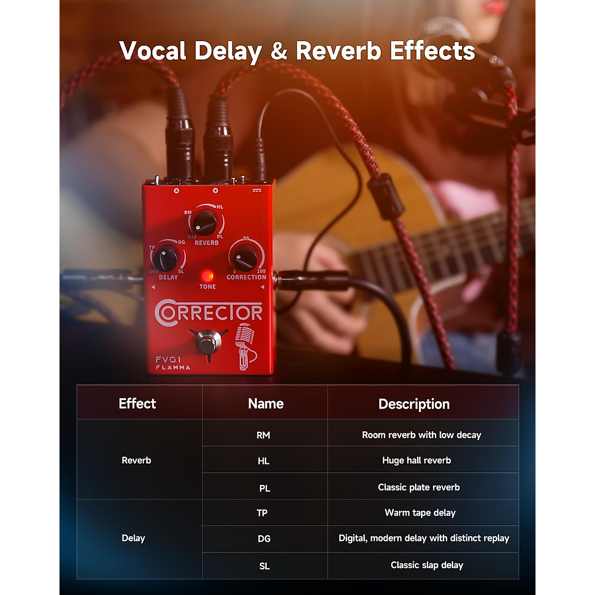 FLAMMA FV01 Vocal Effects Processor Pitch Correction Voice Pedal Vocal Stompbox Microphone Amplifier for Singer Live Singing Streaming Recording with Delay Reverb Acoustic Guitar Playing