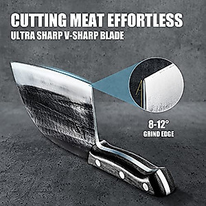 ENOKING HandForged Meat Cleaver Knife Heavy Duty, 6.7 inches Full Tang Sharp Serbian Chef Knife, High Carbon Steel Cutting Knife with Leather Sheath for Kitchen Camping BBQ