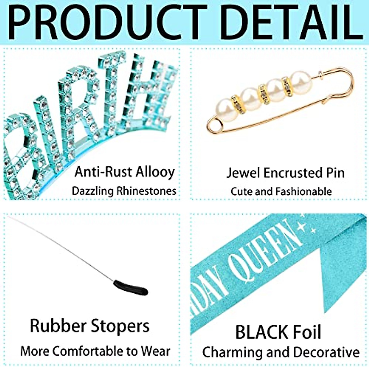 Kaiersi Birthday Crowns for Women Birthday Queen Sash & Rhinestone Headband Set - Birthday Tiara and Sash kit,Crystal Hair Accessories for Cake Toppers Birth Hairpiece Hair Band for Party (Blue)