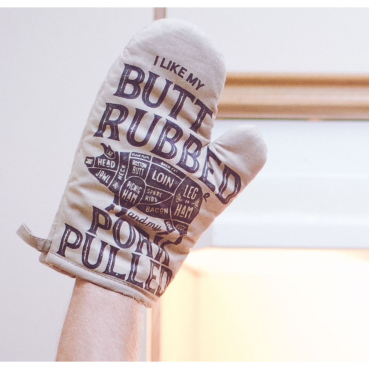 I Like My Butt Rubbed and My Pork Pulled Oven Mitt Funny BBQ Grilling Cookout Kitchen Glove Funny Graphic Kitchenwear Funny Food Novelty Cookware Grey Oven Mitt
