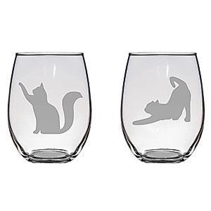 Playful Cat Etched Stemless Wine Glass Set - Set of 2/4/6/8-20.5oz Glassware (Set of Two (2))