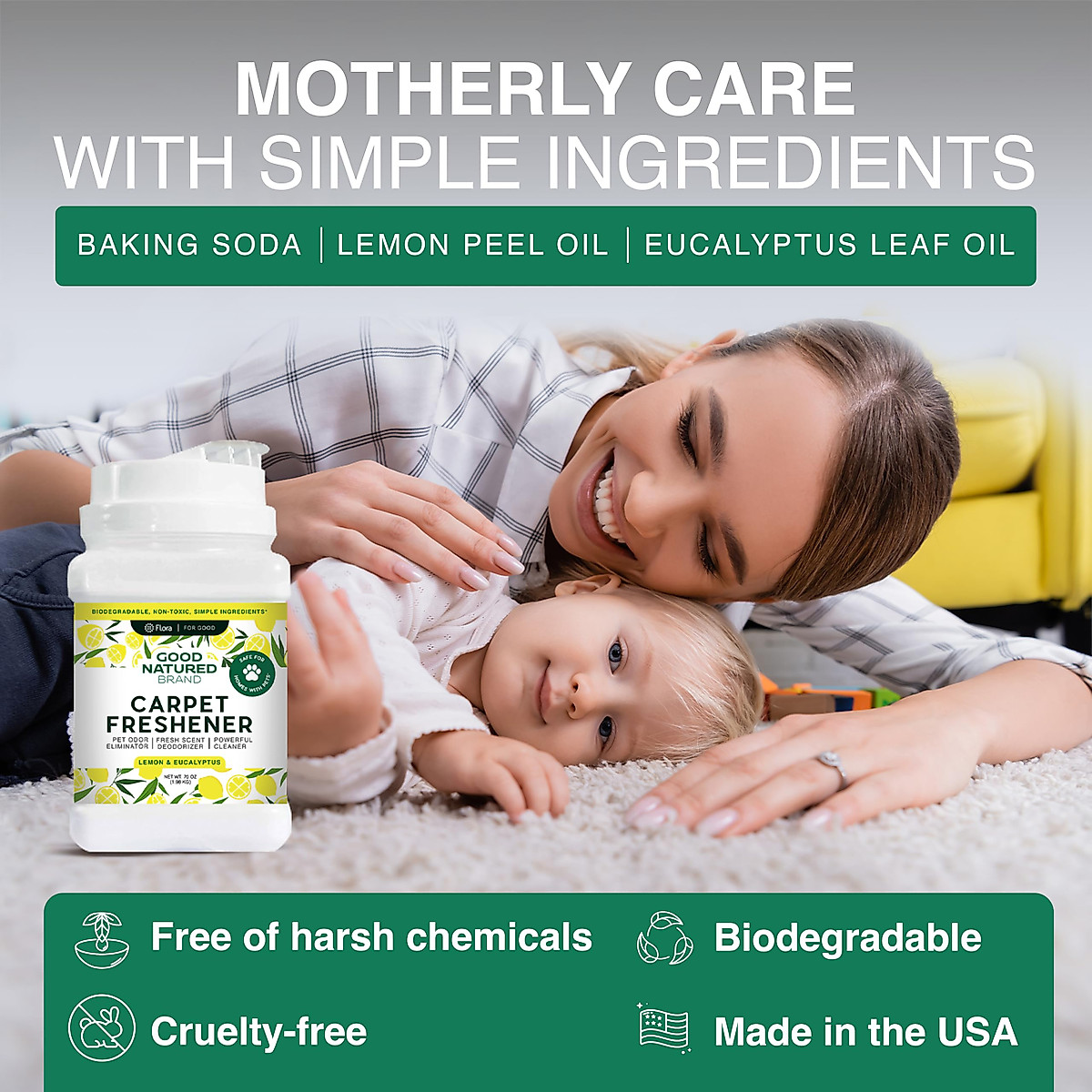 Good Natured Brand | Carpet Freshener & Deodorizer Powder | Pet Odor Eliminator for Strong Odor & Pet Urine | Fresh Natural Lemon & Eucalyptus Scent | Biodegradable, Safe for Homes with Pets - 70oz