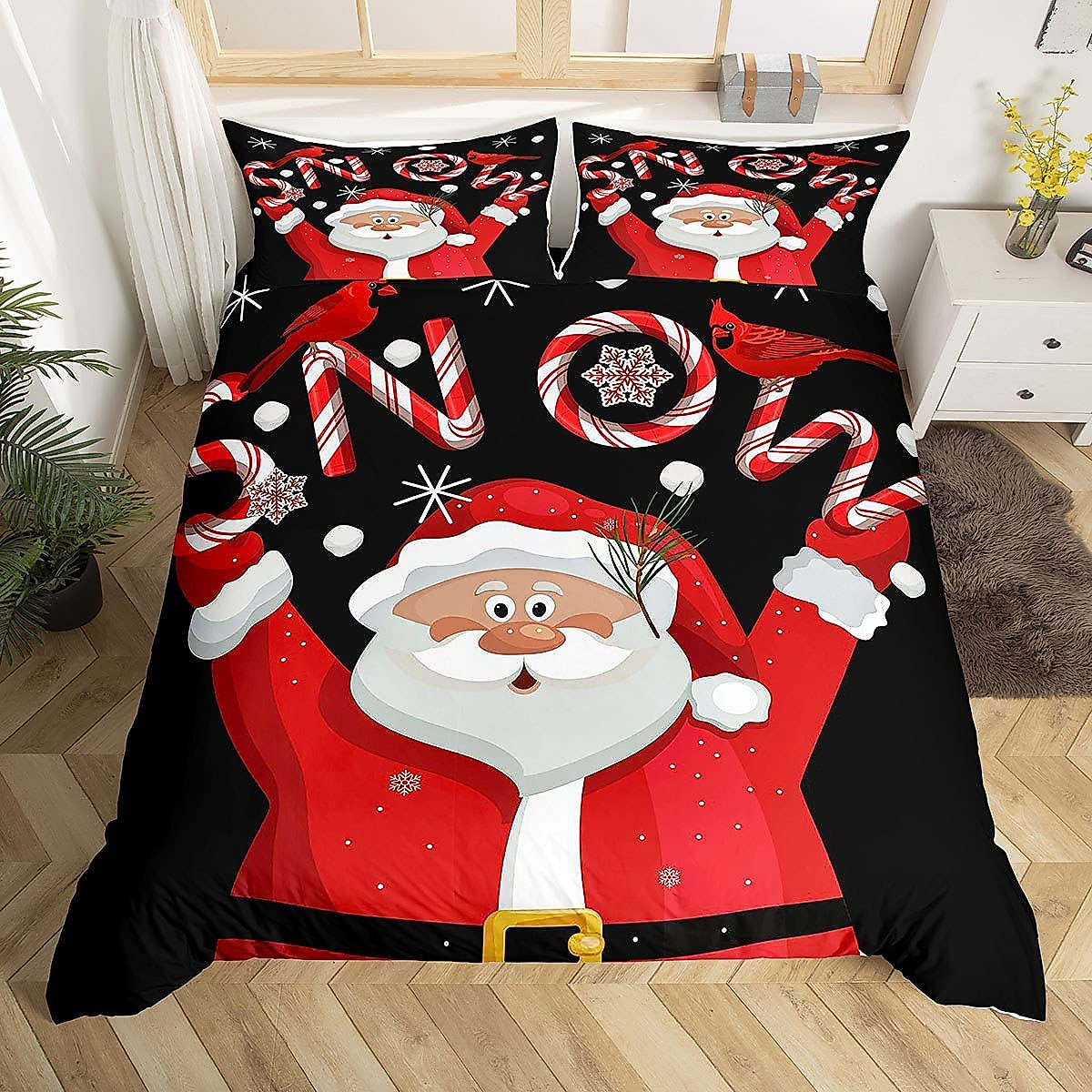 Cartoon Christmas Bedding Set Queen Size,Red Cute Santa Claus Duvet Cover Set for Children Present, Sweet Candies Black Comforter Cover with 2 Pillowcases Polyester Bedspread