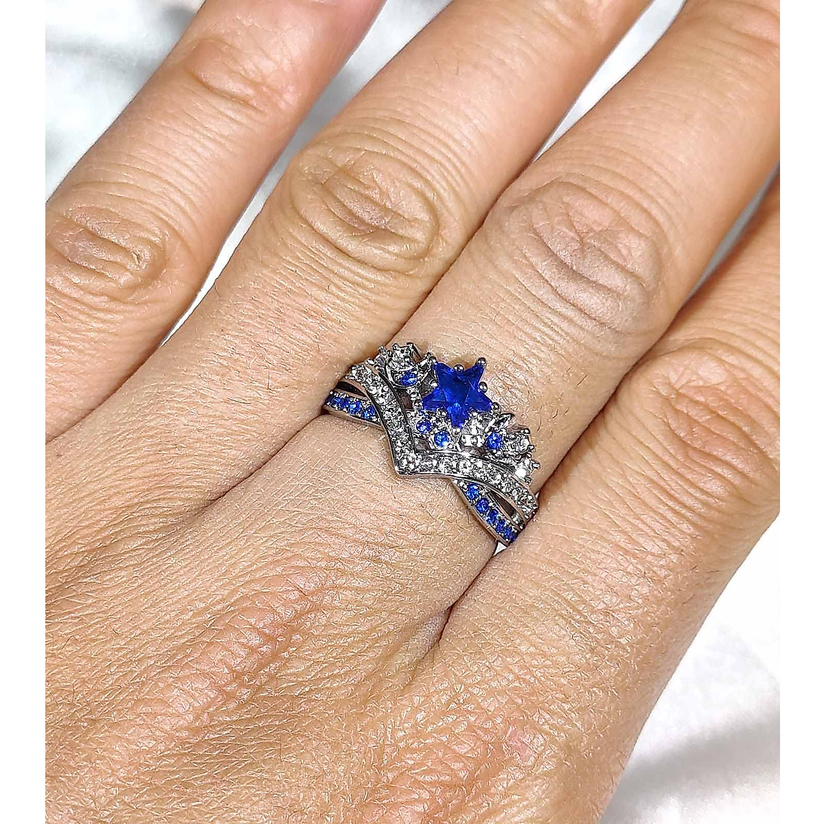 MASHAN Couple Rings Matching Rings His Her Ring Stars and Moon Princess Ring Blue CZ Women's Wedding Ring