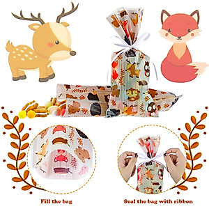 Zonon 100 Woodland Treat Bags Woodland Animal Party Favor Candy Bags Forest Animal Cookie Bags Squirrel Owl Deer Hedgehog Bear Creatures Cellophane Bags for Kids Baby Shower Birthday Party