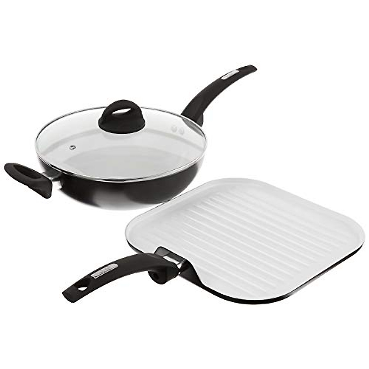 Oster Herstal Aluminum Cookware Set with Ceramic Non-Stick and Soft Touch Bakelite Handle with Tempered Glass Lids, 11-Piece, Black w/White Interior