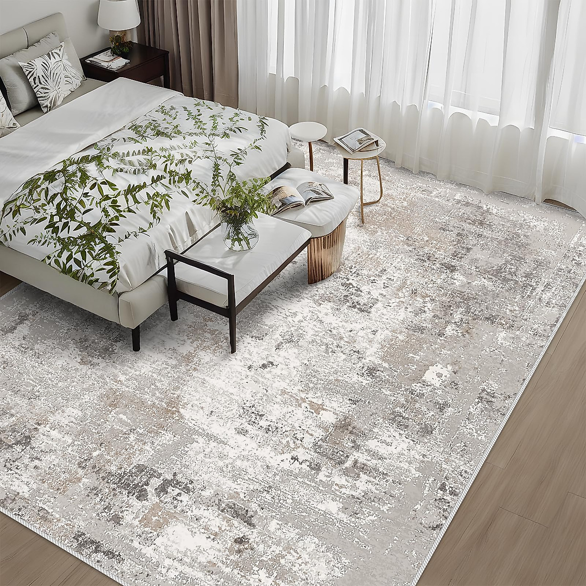 Washable 9x12 Area Rugs - Neutral Large Rugs for Living Room Abstract Soft Faux Wool Carpet for Bedroom Non Slip Stain Resistant Dining Room Rug Beige/Grey/Brown