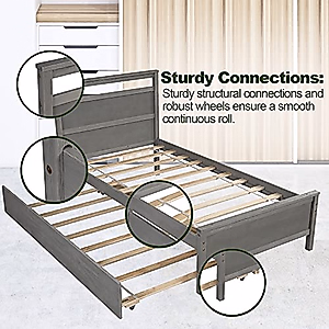 Hanway Trundle Bed Frame/American Country Style daybed and roll Out Twin Size Trundle accommodate/Made by Exquisite Pine Wood Craftsmanship and Weathered Wood Texture Finish
