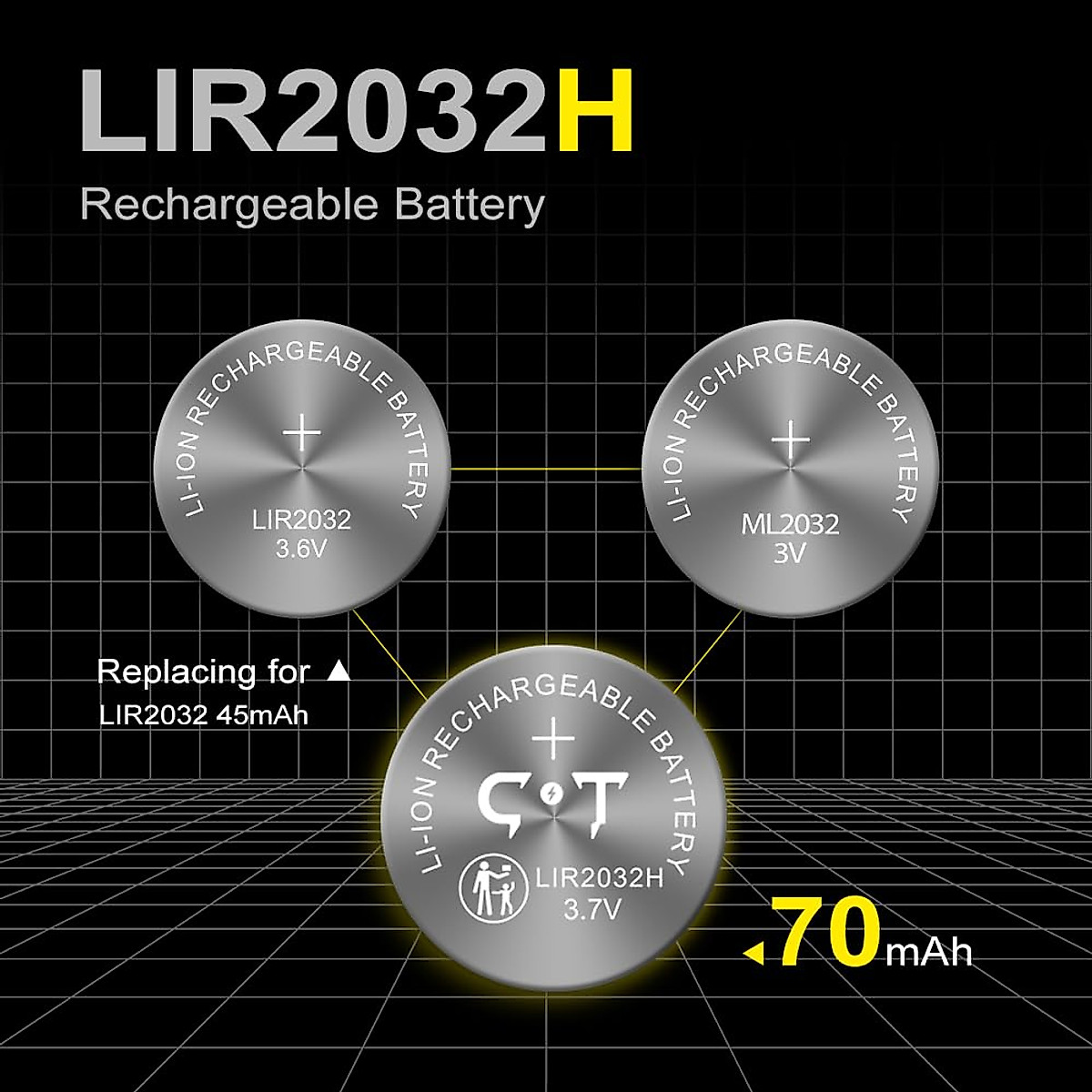 CT-ENERGY LIR2032 Rechargeable Batteries 3.7V with High Capacity 70mA Can Be Replacement of Rechargeable Coin Cell Lithium Batteries ML2032