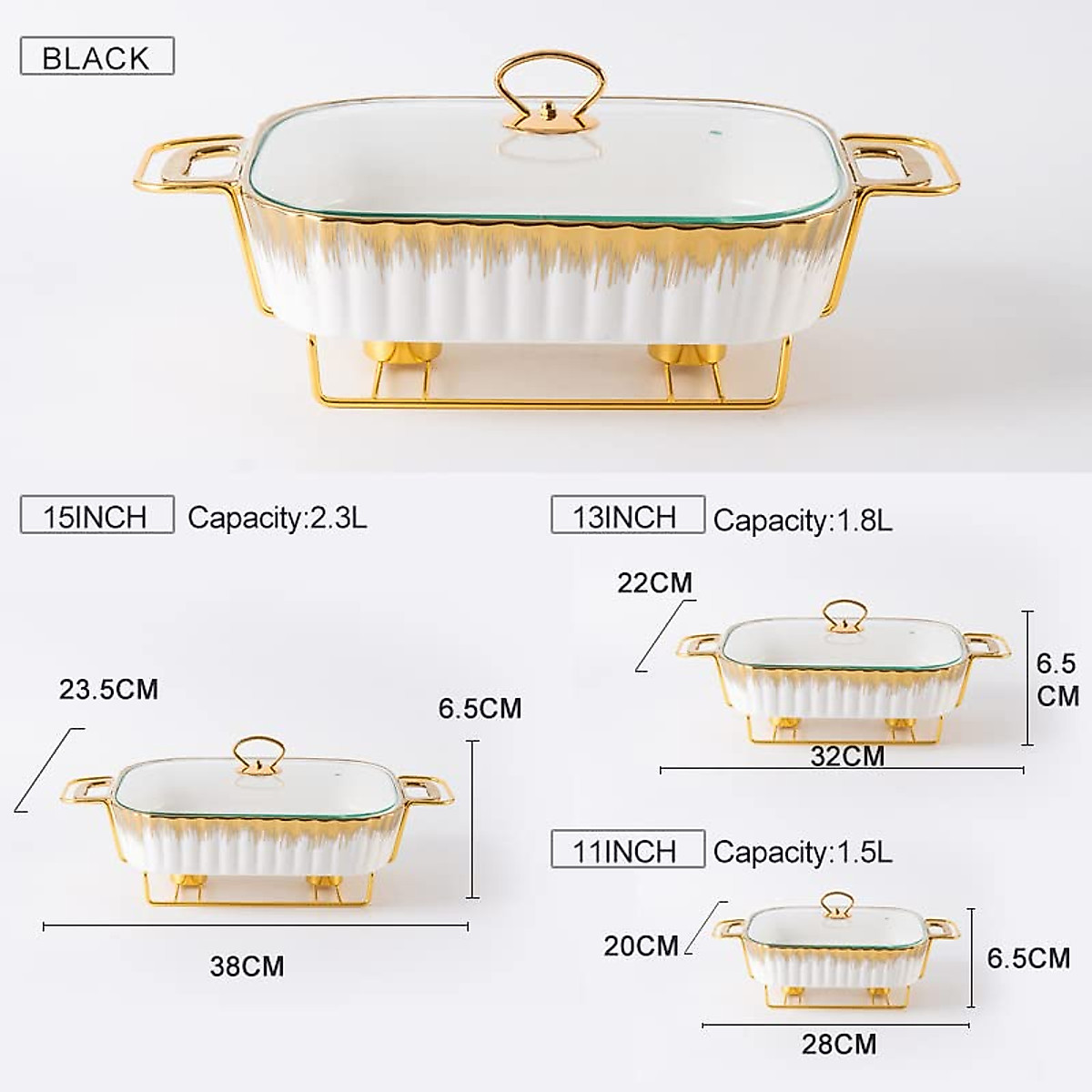 HONHPD 3 Piece Set Chafing Dish Buffet Set, Ceramics Chafer with Imitation Marble Finish, Chafer and Buffet Warmer Set for Buffet Weddings,Parties, Banquets,Catering Events,Golden