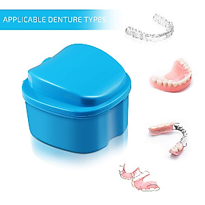 Denture Case Denture Bath Box Case Dental Orthodontic Retainer False Teeth Storage Case Box with Strainer denture cups for soaking dentures (Blue)