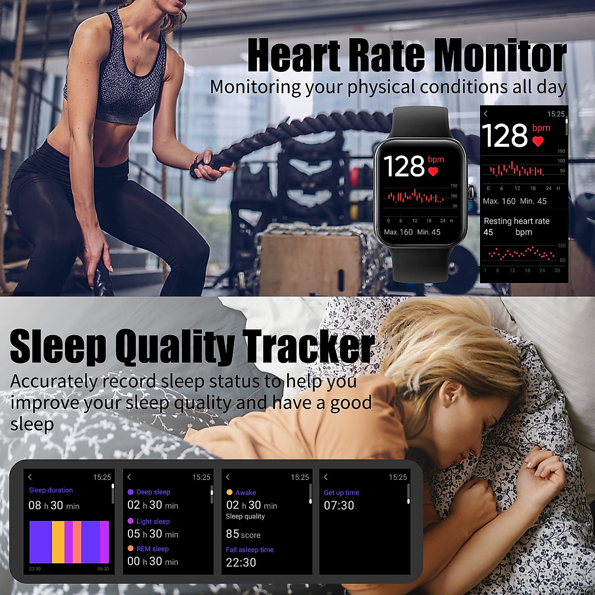 AlERTSEAL Smart Watch, Smart Watch for Android and iOS Phones, 1.7" Full Touch Screen Fitness Watch with Heart Rate, Blood Oxygen Monitor,Sleep Monitor, 5ATM Waterproof Smartwatch for Men Women Black