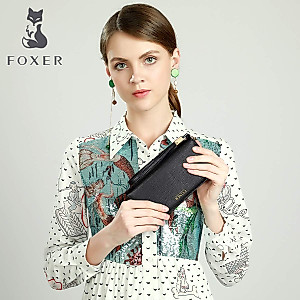 FOXER Leather Zip Around Wallets for Women, Genuine Leather RFID Blocking Gift Box Packing 17 Card Slots Ladies Long Purses with Zipper Coin Pocket Women's Clutch Wallets with Wristband (Black)