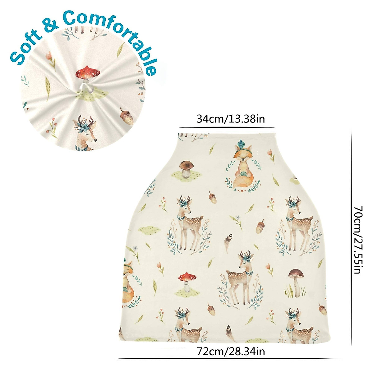 YYZZH Fox Deer Pattern Watercolor Boho Forest Animal Floral Mushroom Stretchy Baby Car Seat Cover Infant Canopy Nursing Covers Breastfeeding Cover Breathable Windproof Winter Scarf for Boys Girls