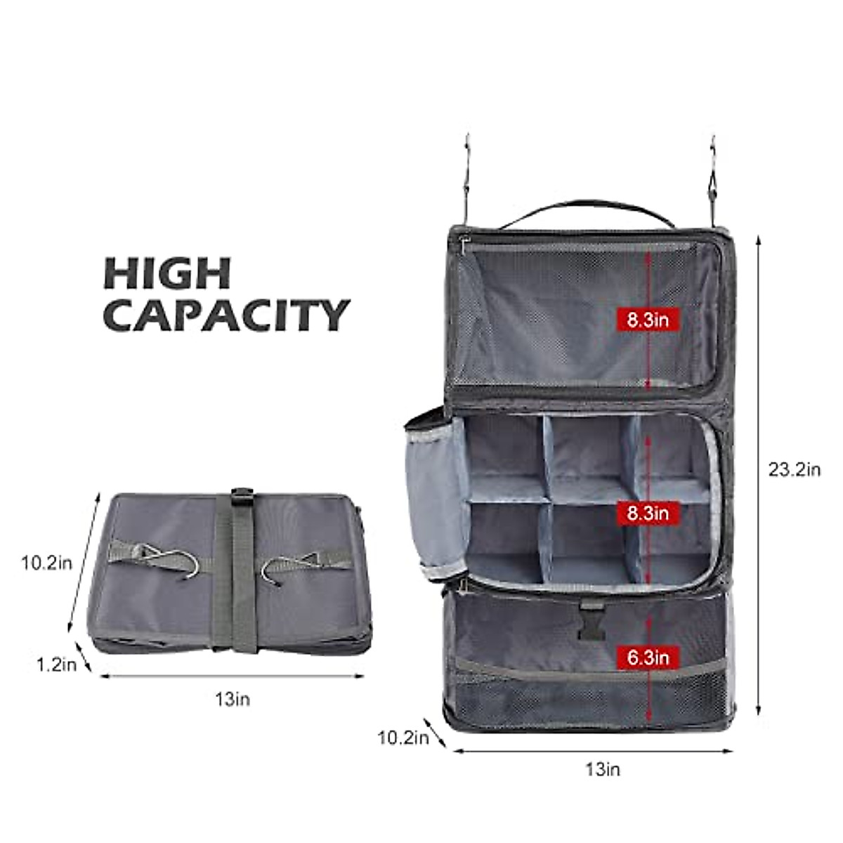 Surblue Hanging Shelves Travel Storage Bag Compression Packing Cube for Suitcase Collapsible with Extension Layer Large Capacity, Grey