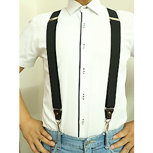JIERKU Romanlin Mens Suspenders for Work 3 Swivel Hook Clips Y-Back for Groomsmen Leather Black