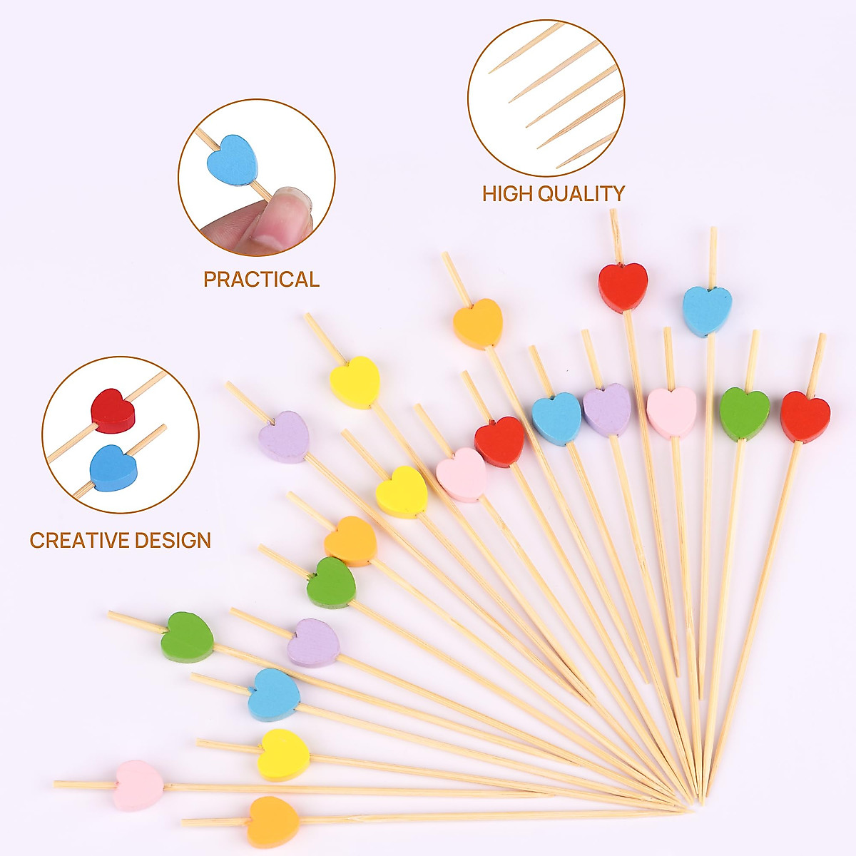 100 Pack Fruit Toothpicks, Heart-Shaped Bamboo Cocktail Picks, Natural Bamboo Toothpicks for Appetizers Fruit Cake Dessert Barbecue Snacks Sandwiches (Pink)