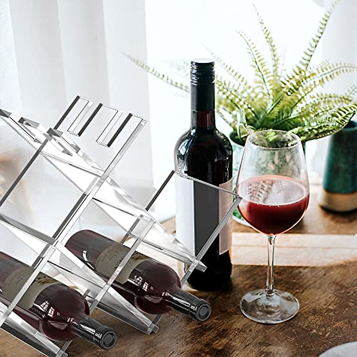 CREHNIL Small Space Acrylic Wine Rack Insert for Cabinet Built in Vertical 3 Bottle Countertop Table Top Bottle with Glass Holder Stand Modern Counter Tower Shelf