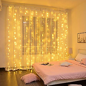 GUOCHENG Copper String Curtain Lights 3m x 3m LED Curtain Fairy Lights USB Powered Window Light Strings with Remote for Home Bedroom Party Wedding, Indoor Outdoor Decorations-Warm White