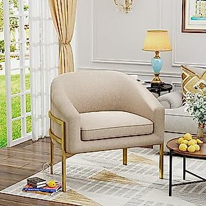 Aklaus Barrel Chairs Modern Arm Chair with Gold Metal Legs Upholstered Reading Accent Chair Club Chair with Removable Seat Cozy Sigle Sofa Chair Round Armchair for Living Guset Room Bedroom