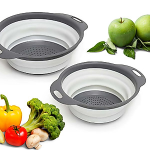 Round Silicone White Colander Collapsible – Foldable White Kitchen Strainer Small Collapsible Colander with Plastic Handles for Draining Vegetable and Fruit Silicone Kitchen Strainer for Pasta
