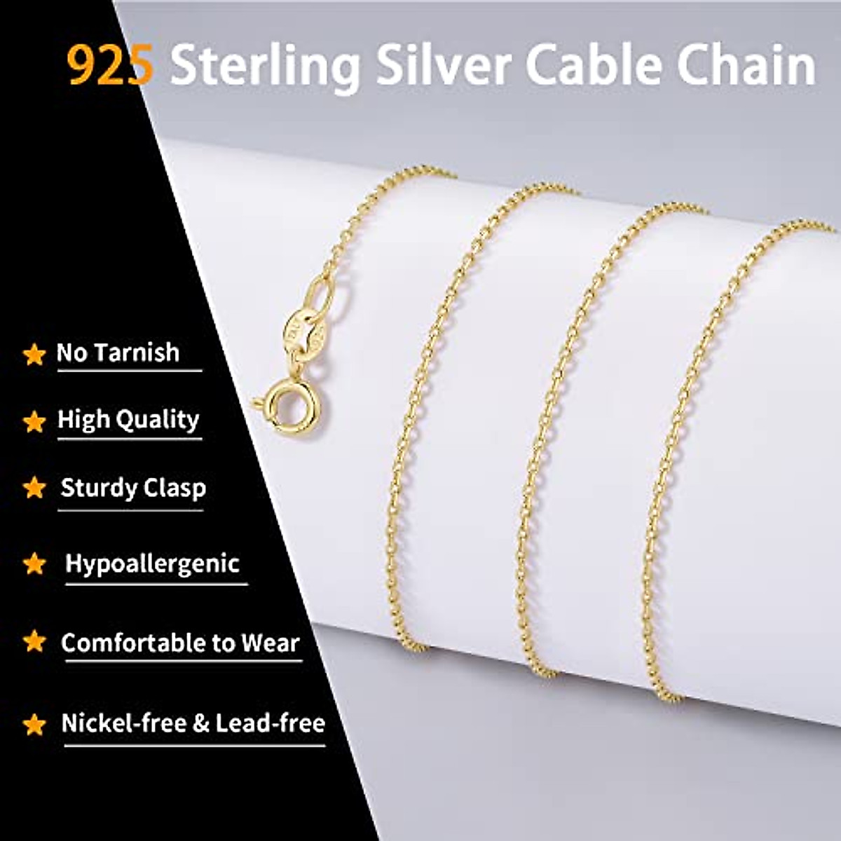 Jewlpire 18K Over Gold Chain Necklace for Women Girls, 925 Stering Silver Chain 1mm Sturdy & Shiny Women's Chain Necklaces Cable Chain, 16 Inch