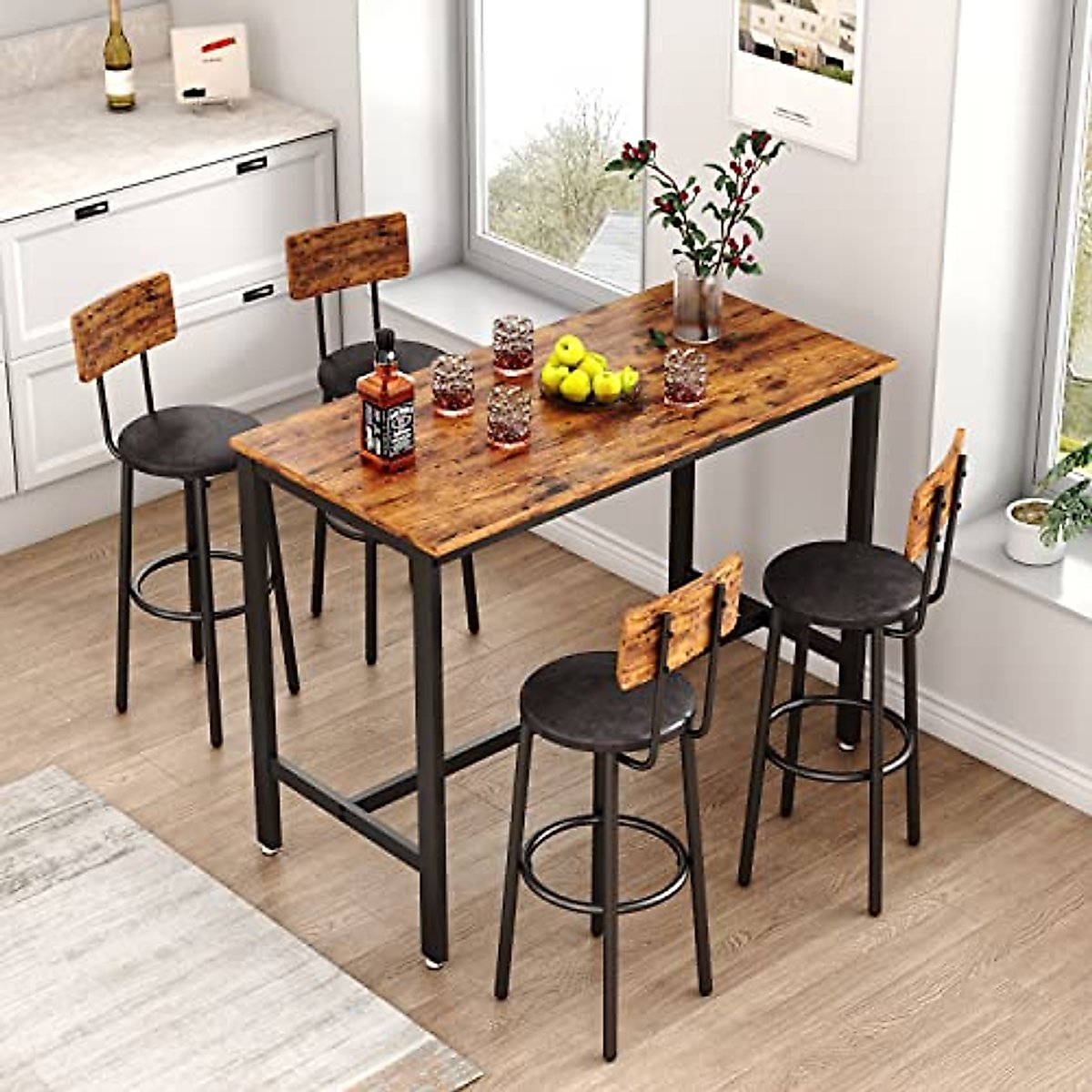 5 Piece Pub Bistro Dining Set, Bar Table Set with 4 PU Bar Stools with Backrest, Industrial Counter Height Dining Table Set for Kitchen Living Room Restaurant Small Space (Rustic Brown-Bar Table Set)