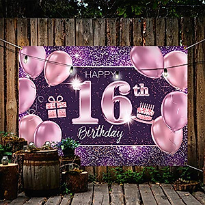 PAKBOOM Happy 16th Birthday Banner Backdrop - 16 Birthday Party Decorations Supplies for Girl - Pink Purple Gold 4 x 6ft