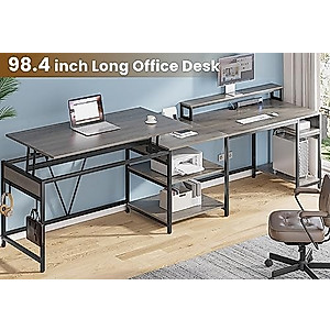 SEDETA L Shaped Desk with Lift Top, 98.4" Computer Desk, Standing Desk Adjustable Height with Storage Shelves, Monitor Stand, and Headphone Hooks for Home Office, Ivory Grey