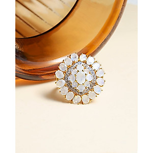 YoTreasure Natural Rainbow Moonstone White Topaz Yellow Gold Plated Over 925 Silver Women's Engagement Ring Jewelry