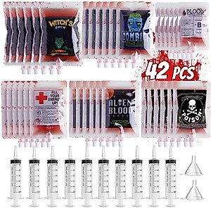 42PCS Halloween Blood Bags for Drinks Party Supplies, 30PCS Reusable Vampire Party Drinking Pouches + 10 Syringes + 2 Funnels, Various Size Containers for Halloween Zombie Nurse Theme Carnival Party Decorations Props