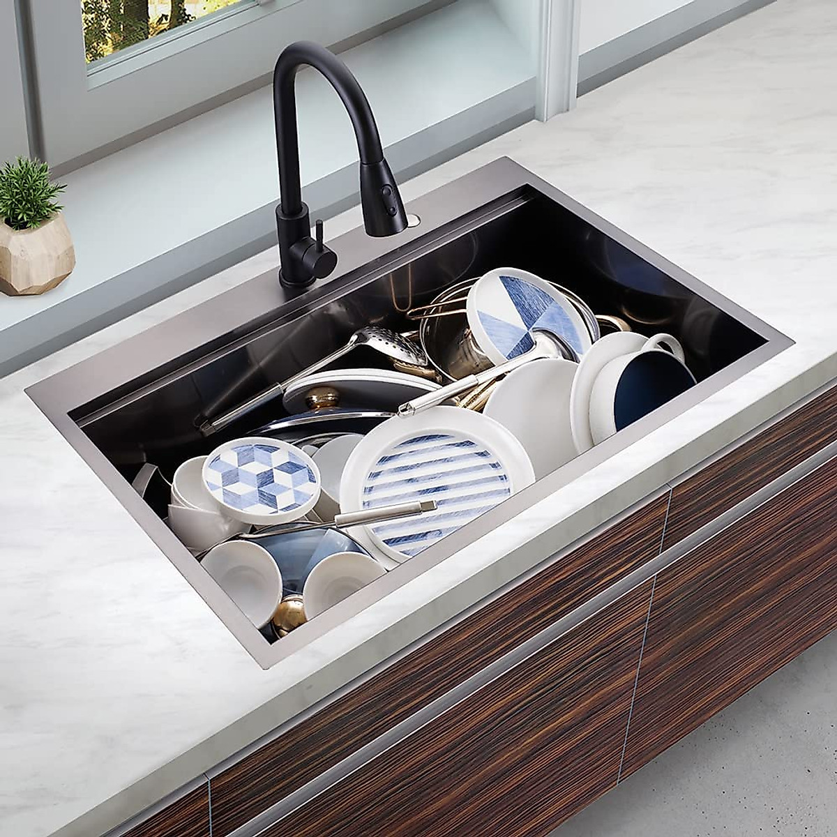 33 Black Drop In Workstation Kitchen Sink, Dorzom 33x22x10 Black Stainless Steel Topmount 16 Gauge Deep Single Bowl Workstation Kitchen Sink with Accessories