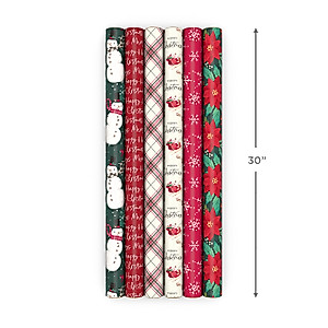 Hallmark Rustic Recyclable Christmas Wrapping Paper (6 Rolls: 180 Sq. Ft. Total) Red, White and Hunter Green Plaid, Poinsettias, Snowflakes, "Merry Christmas," Snowman, Santa