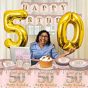 98PCS 50th Birthday Party Plates 50th Birthday Party Supplies Pink Rose Gold Party Decorations 50th Birthday Decorations for Women Paper Plates Napkins Cups Forks Knives Tablecloth Banner Serve 16