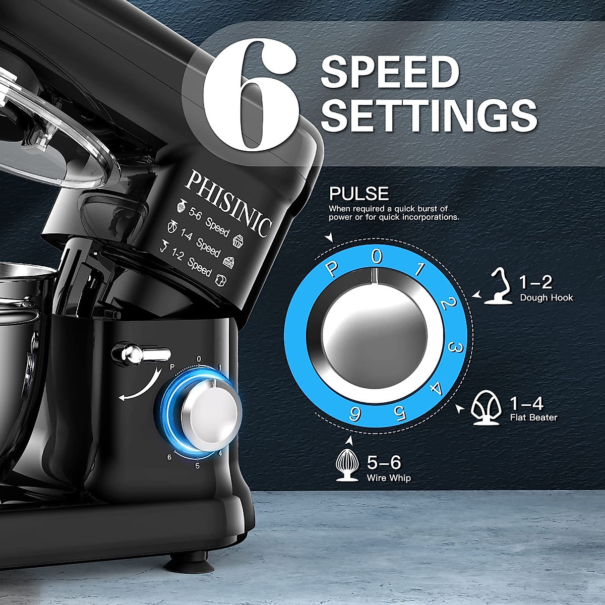 PHISINIC Stand Mixer, 5.8Qt Small Electric Food Mixer, 660W 6-Speed Tilt-Head Household Stand Mixer, Portable Lightweight Kitchen Mixer for Daily Use with Egg Whisk, Dough Hook,and Flat Beater