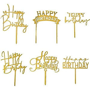 Gold Birthday Cake Topper, 6pcs Acrylic Birthday Cake Toppers Happy Birthday Cake Toppers for Birthday Decorations Gold Topper for Girls Women's Party Decorations