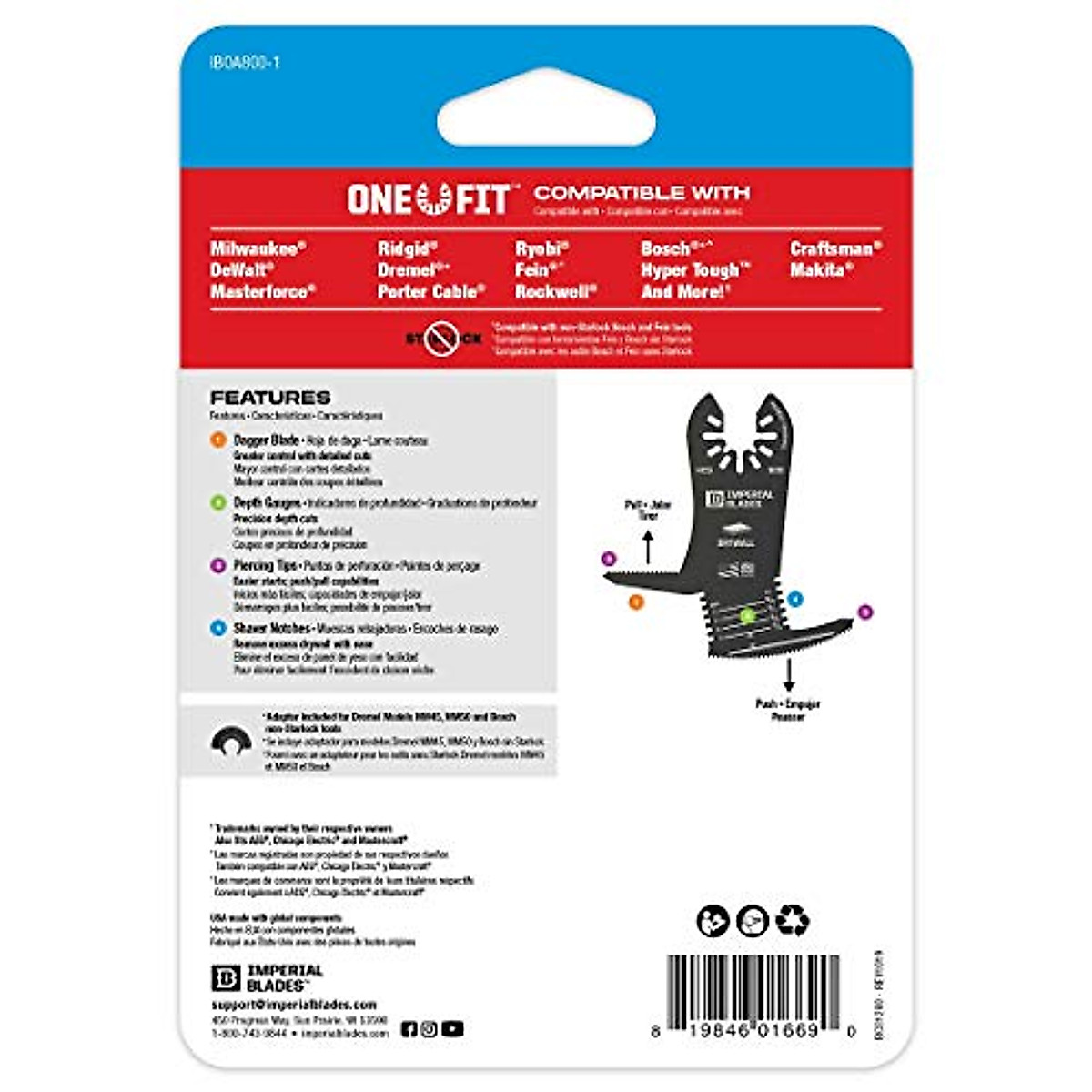 Imperial Blades IBOA800-1 One Fit 4-IN-1 Features Drywall Blade, 1PC