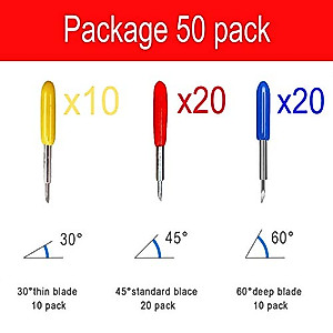 50Pcs Replacement Cutting Blades for Cricut Explore Air/Air 2/Air 3/Maker/Maker 3, Include 10Pcs Fine Point Blades, 20Pcs Standard Blades, 20Pcs Deep Point Blades Vinyl Cricut Replacement Blades