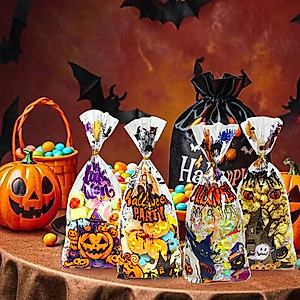 Halloween Treat Bags, Halloween Candy Bags, Halloween Cellophane Treat Bags, 60PCS Plastic Halloween Cookies Goodie Gift Bags with Ties for Halloween Trick or Treat Party Favors Supplies, 4 Style