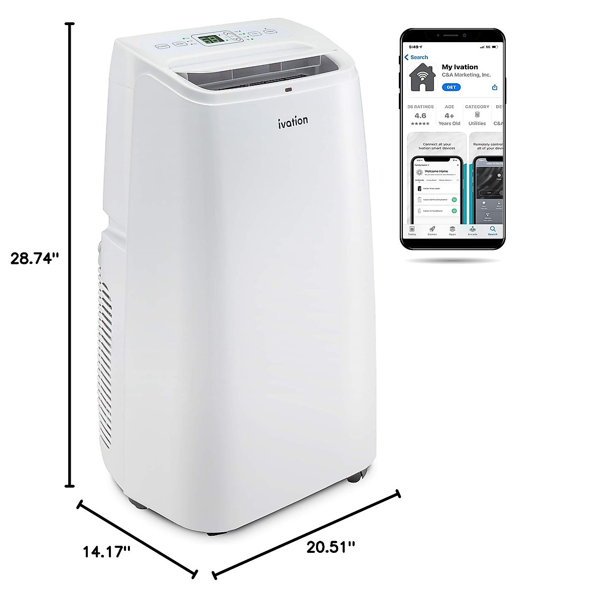 Ivation 13,000 BTU Portable Air Conditioner with Wi-Fi for Rooms Up to 500 Sq Ft (8,500 BTU SACC) 3-in-1 Smart App Control Cooling System, Dehumidifier and Fan with Remote, Exhaust Hose & Window Kit