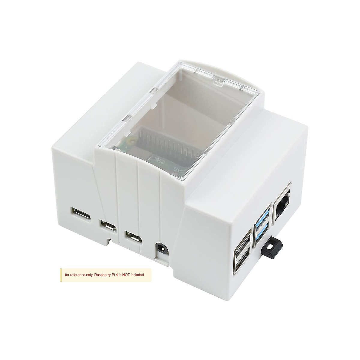 DIN Rail Case for Raspberry Pi 4, DIN Rail Mount Support, ABS Material, Clear Top Window, Large Inner Space Allows Accommodating an Extra Add-on Such as PoE HAT (D), RS485 CAN HAT etc. Easy to Use