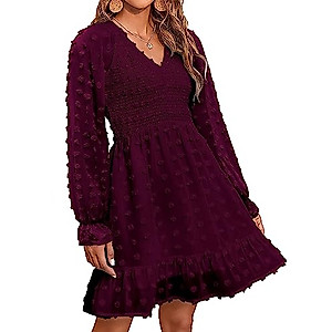 BTFBM Women Long Sleeve V Neck Smocked Short Dress Flowy Casual SwissDot Ruffle Mini Babydoll Summer Fall Dresses 2023(Solid Wine Red, Large)