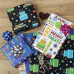 BOLIANNE Birthday Wrapping Paper - Gift Wrapping Paper for Boys Girls Kids Men Women with Happy Birthday, Cakes, 6 Large Sheets Gift Wrap for Baby Shower, Folded Flat, 27 X 37 Inch