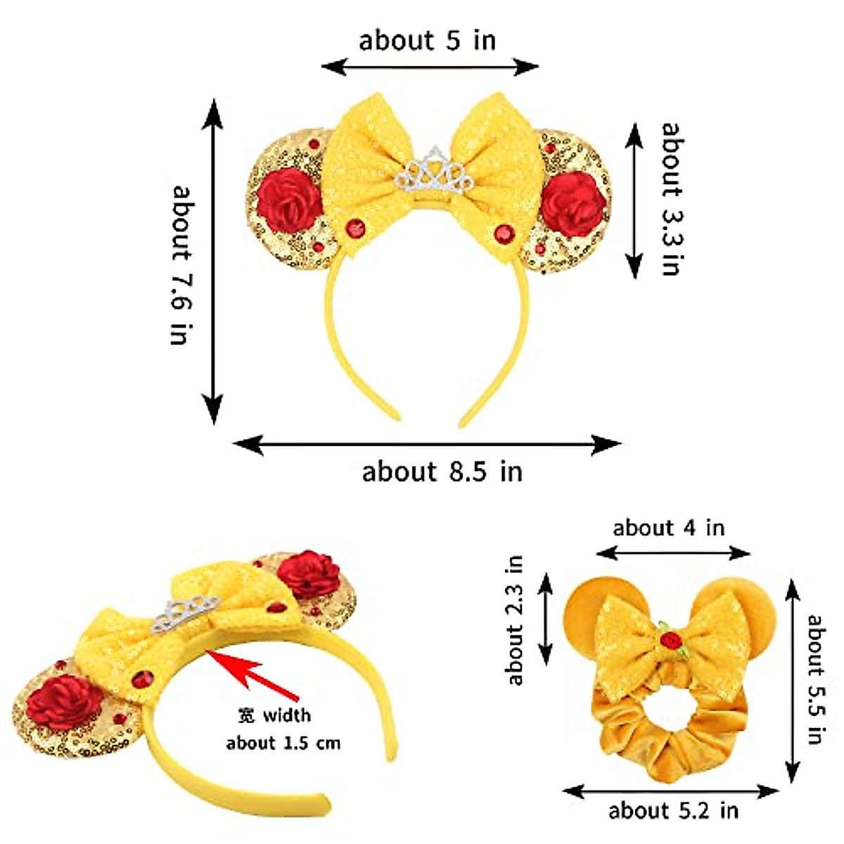 zhezesmila Beauty Mouse Ears Headband Classic Mouse Head band & Belle Ears Mouse Ears Scrunchies Rose Bow for Women, Girls, Princess Dress Accessories, Party,Cosplay Costume for Adults